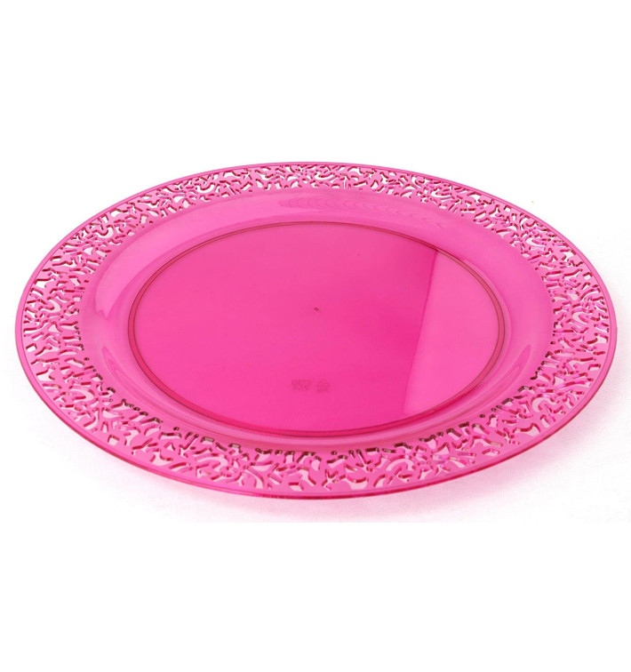 Plastic Plate Round shape "Lace" Raspberry 19cm (4 Units)