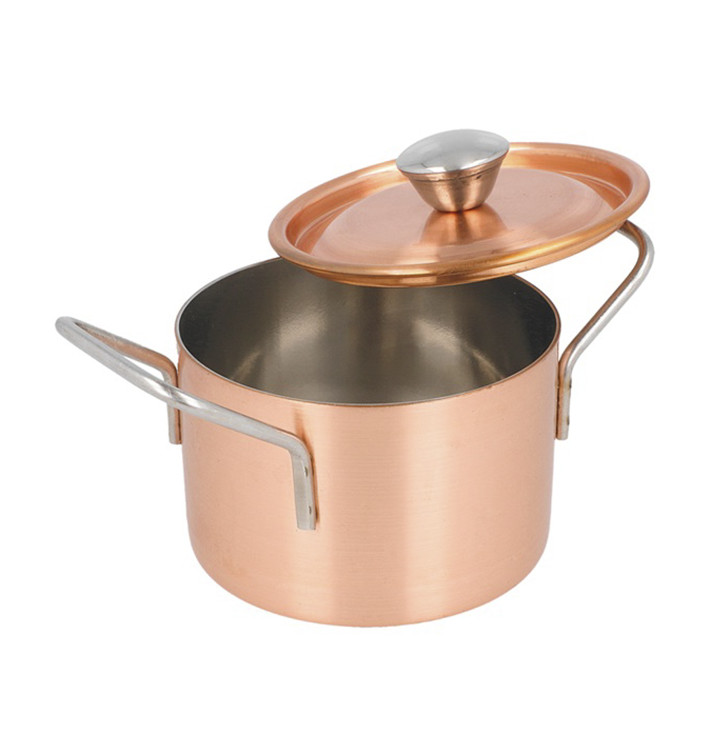 Serving Mini Cooking Pot Bowl Steel with Lid Copper Ø9x6cm (1 Unit)